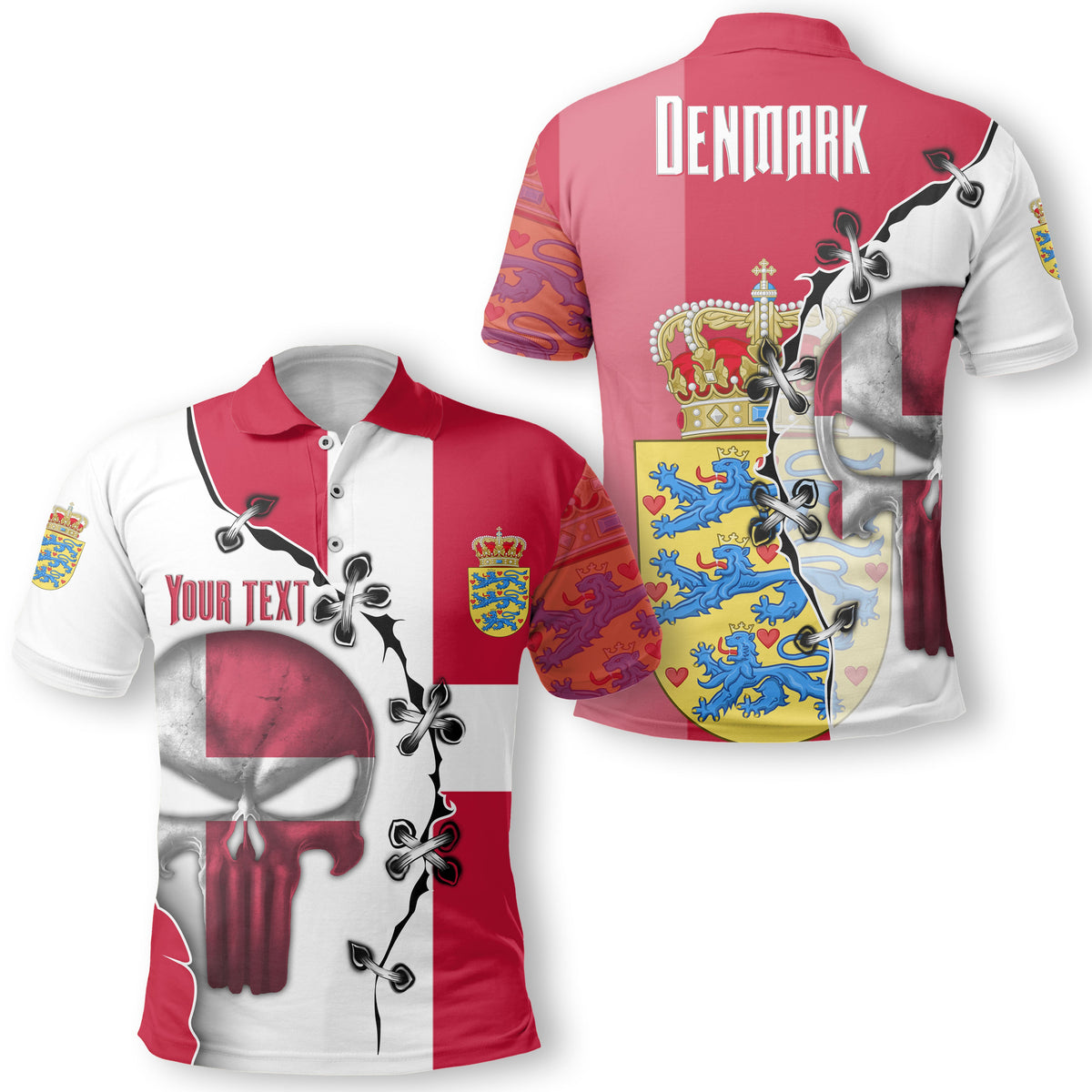 Denmark Polo Shirt Flag & Coat Of Arms Lesser Version Skull Style – To The Closet
