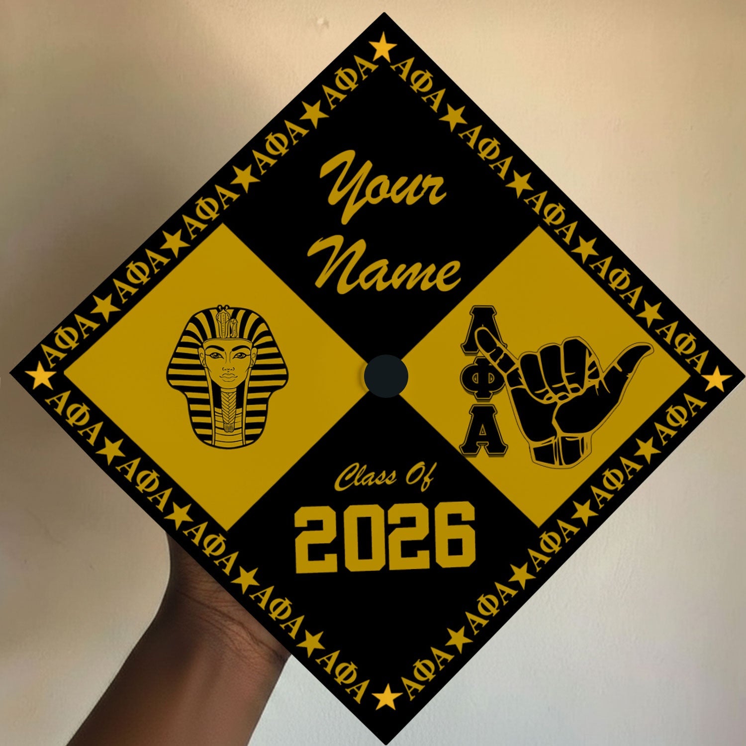 Personalized Alpha Phi Alpha Graduation Cap Black Gold Greek Symbols S ...