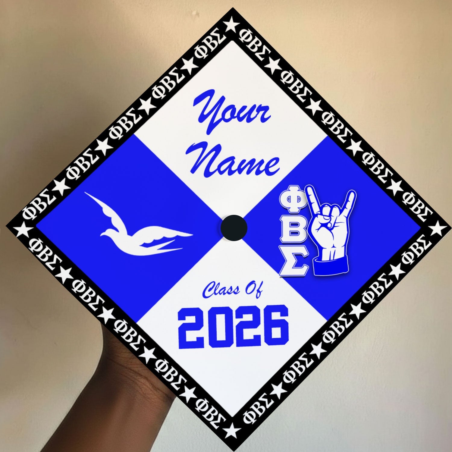 Personalized Phi Beta Sigma Graduation Cap Blue White Greek Symbols St ...