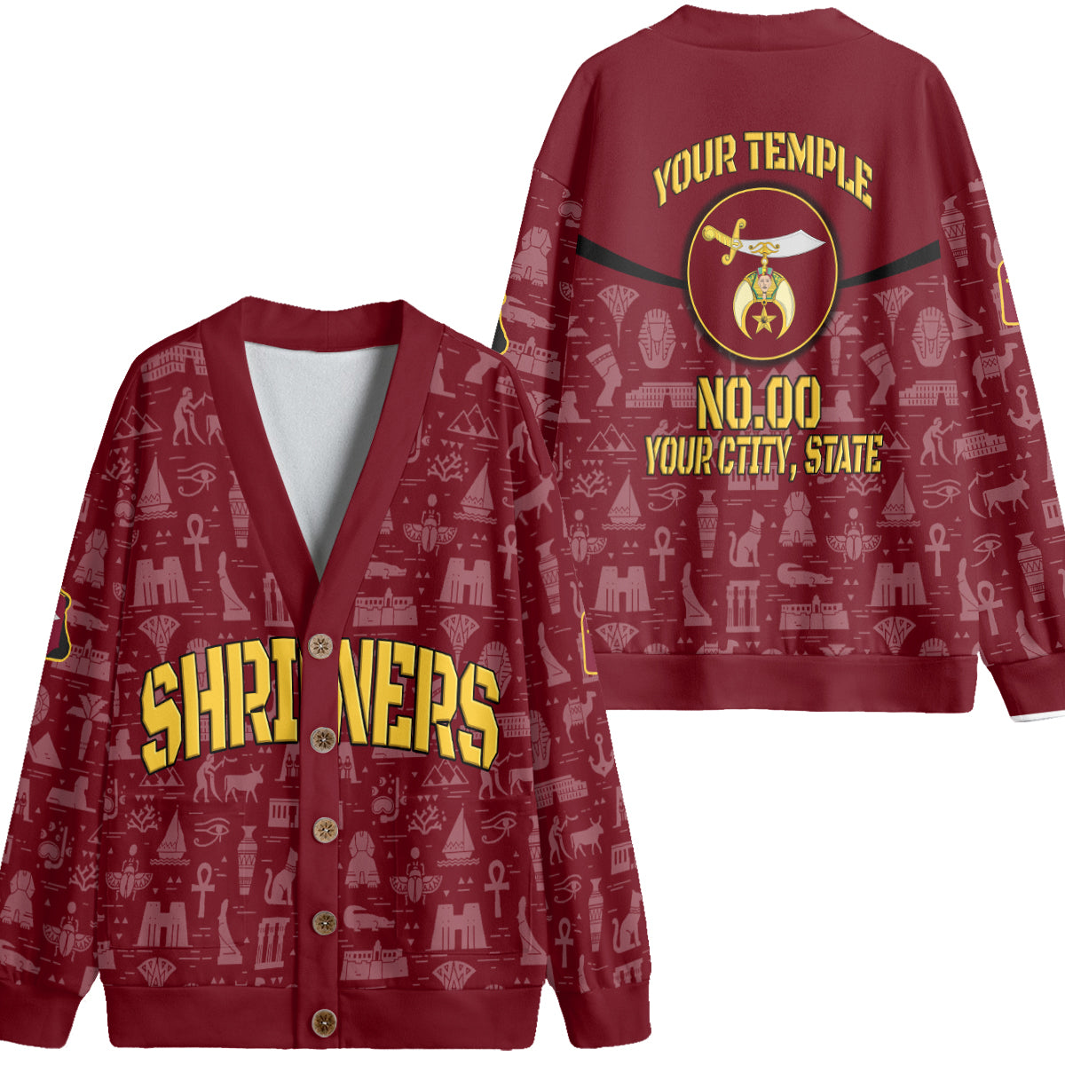 Personalized Noble Shriners Emblem Fleece Cardigan Red Temple Name And ...
