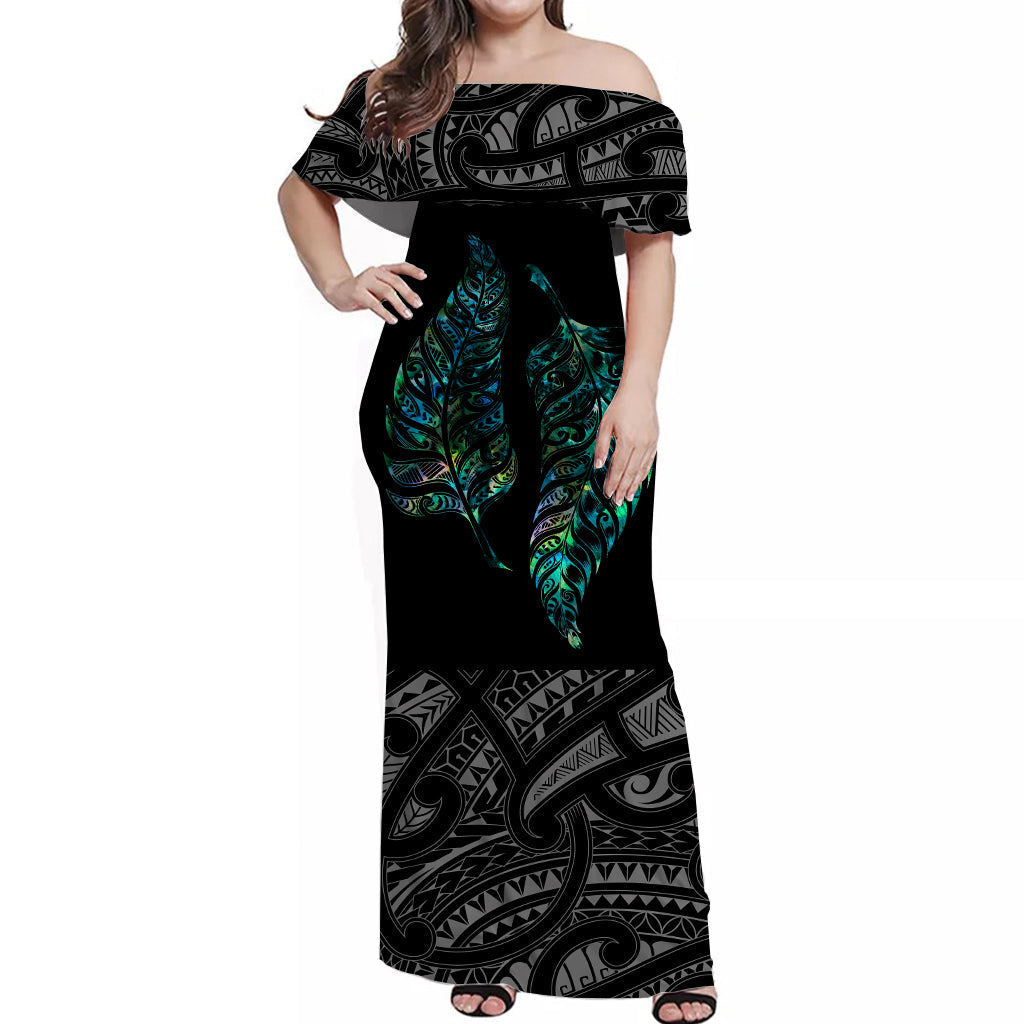 New Zealand Maori Off Shoulder Long Dress Aotearoa Mix Silver Fern Paua ...
