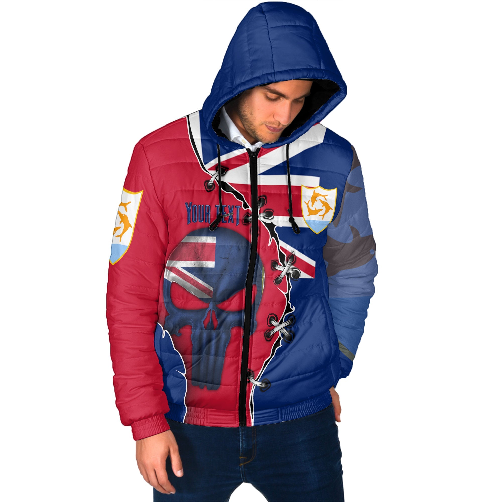 Anguilla Men Hooded Padded Jacket Flag & Coat Of Arms Skull Style – To ...