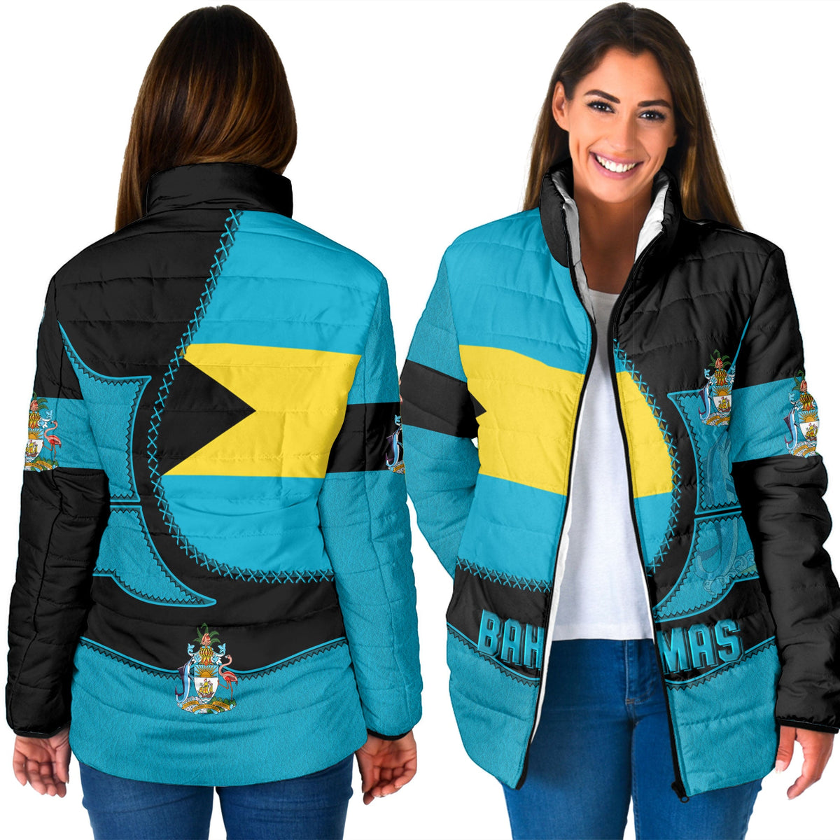 Bahamas Women Padded Jacket Flag & Coat Of Arms Leather Style – To The ...