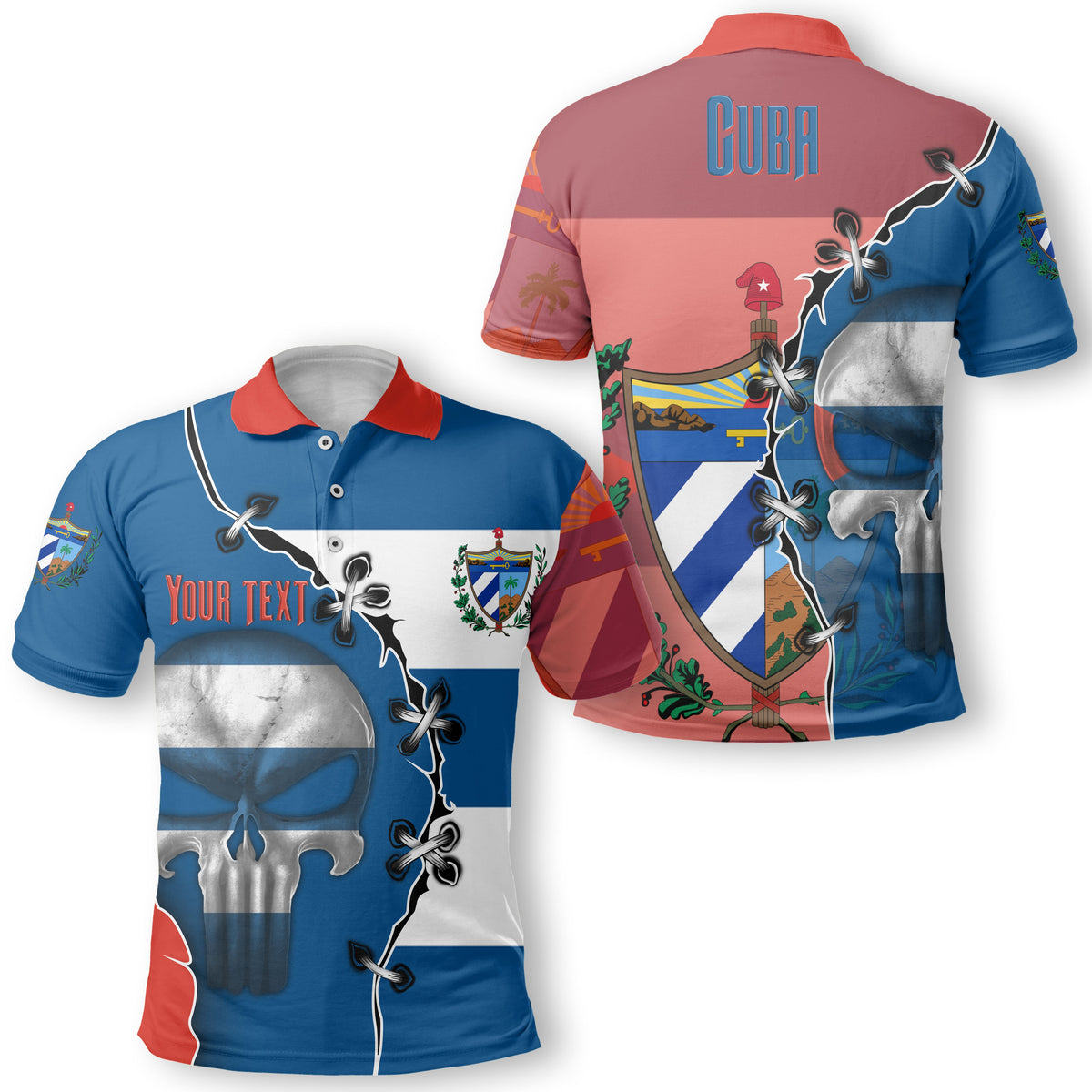 Cuba Polo Shirt Flag & Coat Of Arms Skull Style – To The Closet