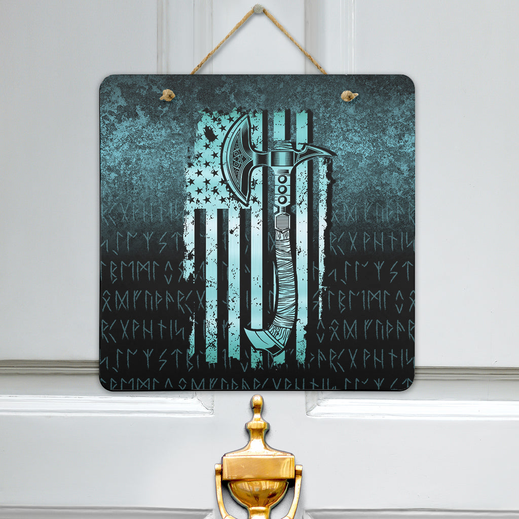 Viking Handing Door Sign Usa Flag Viking Cool American Norsemen Cyan V ...