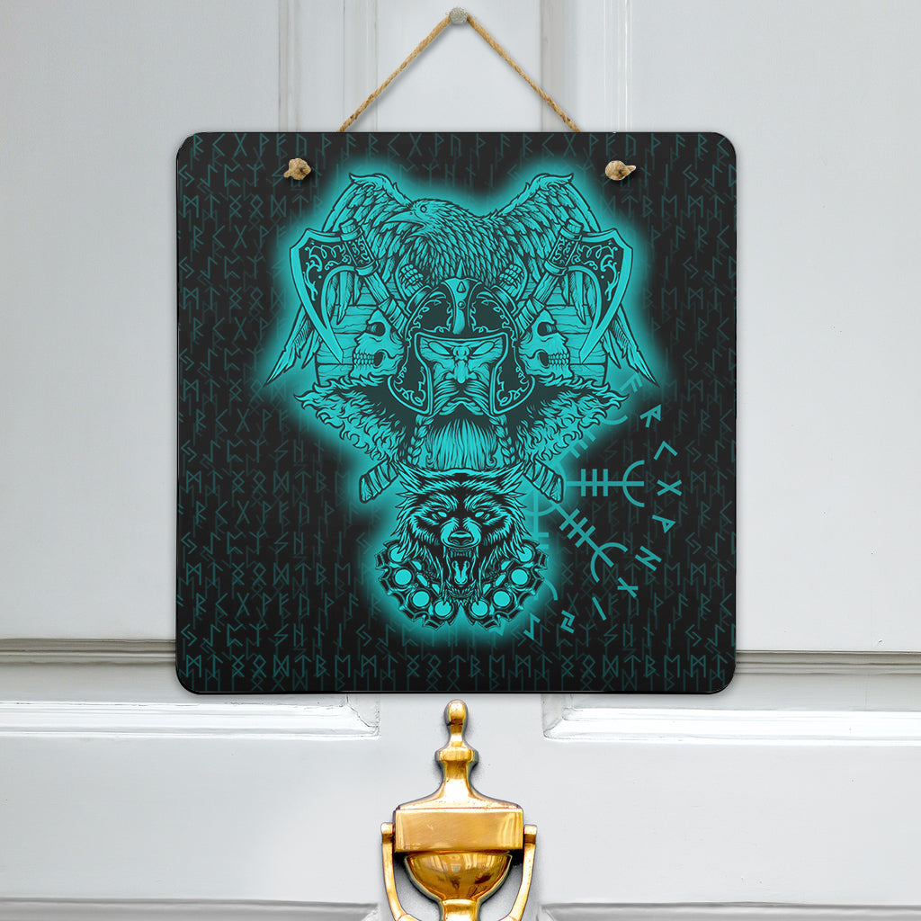 Viking Handing Door Sign Odin And Raven Wolf Turquoise – To The Closet