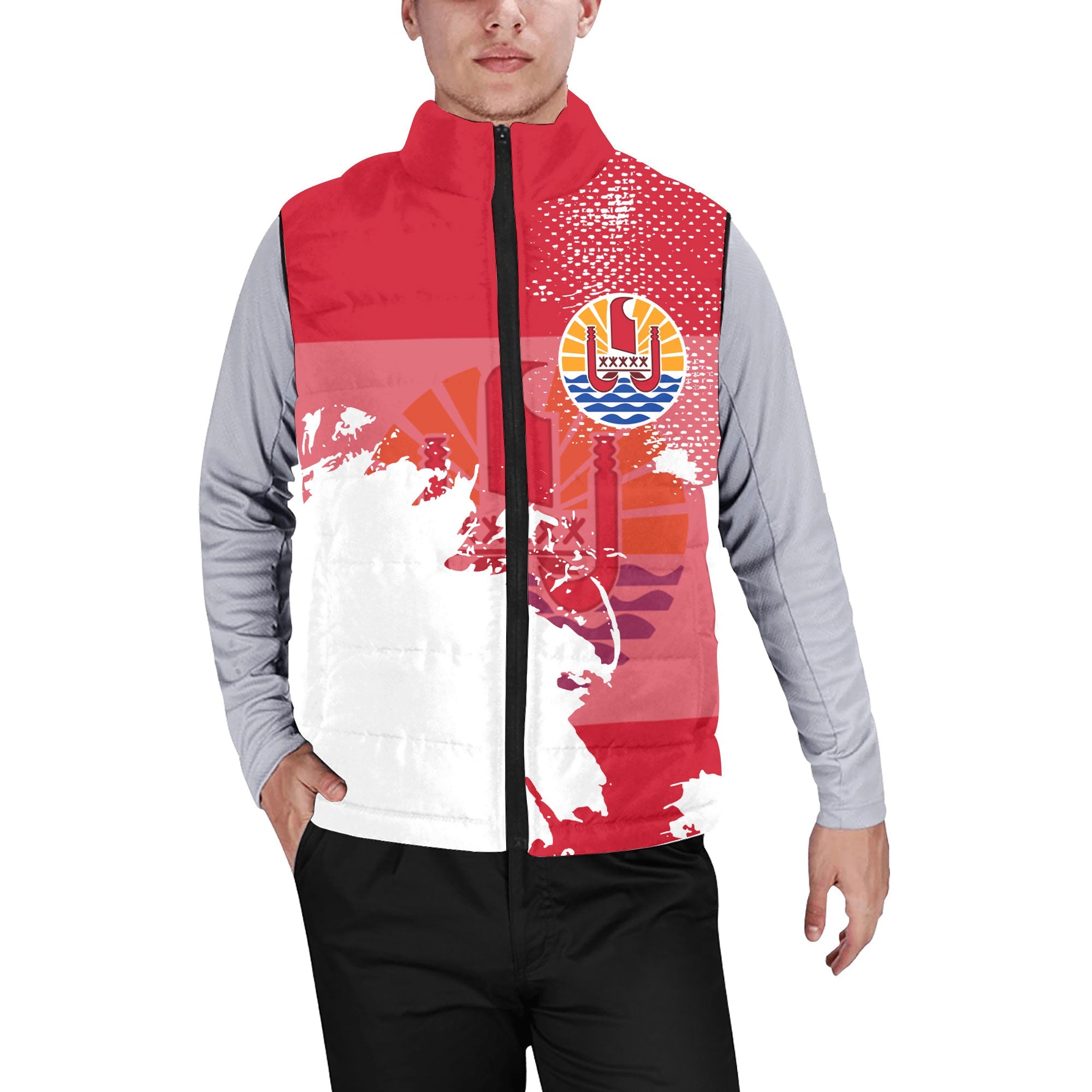 French Polynesia Men Padded Jacket Vest Flag & Coat Of Arms Paint Styl ...