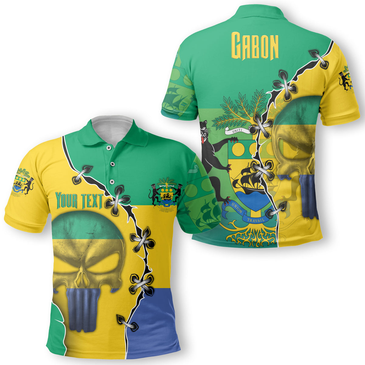 Gabon Polo Shirt Flag & Coat Of Arms Skull Style – To The Closet