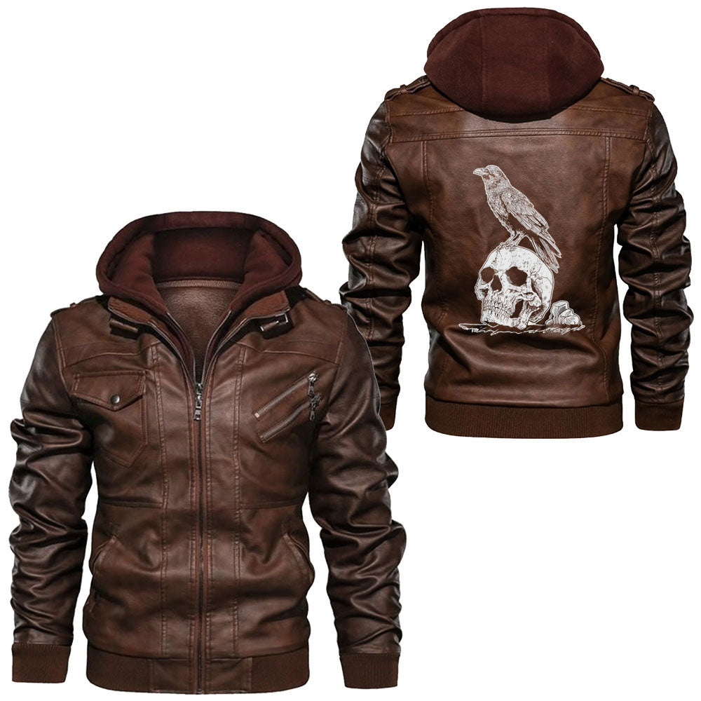 Viking Zipper Leather Jacket Gothic Animal Raven Creepy Bird Skull Spo ...
