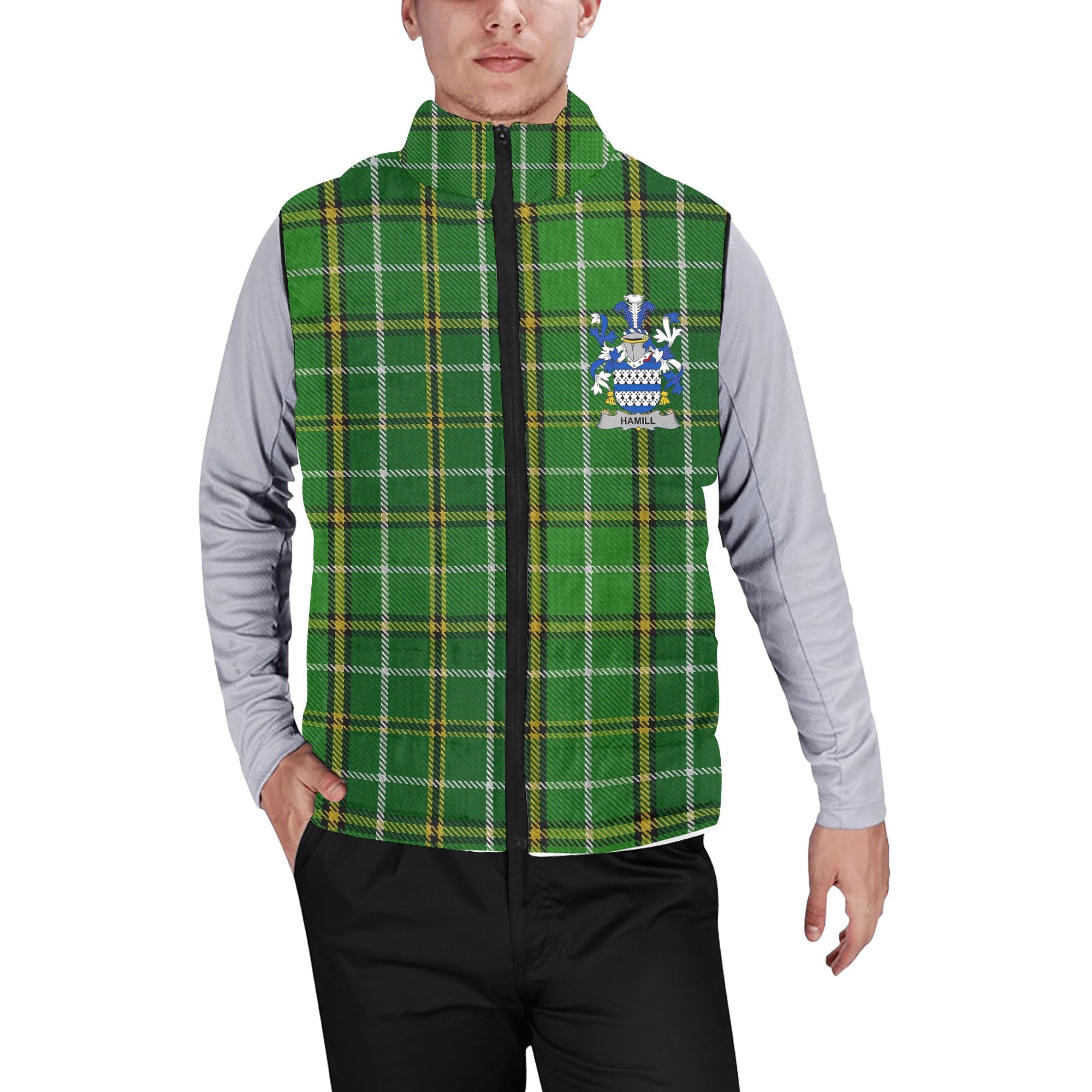 Hamill Family Men Padded Jacket Vest Irish National Plaid & Crest Styl ...