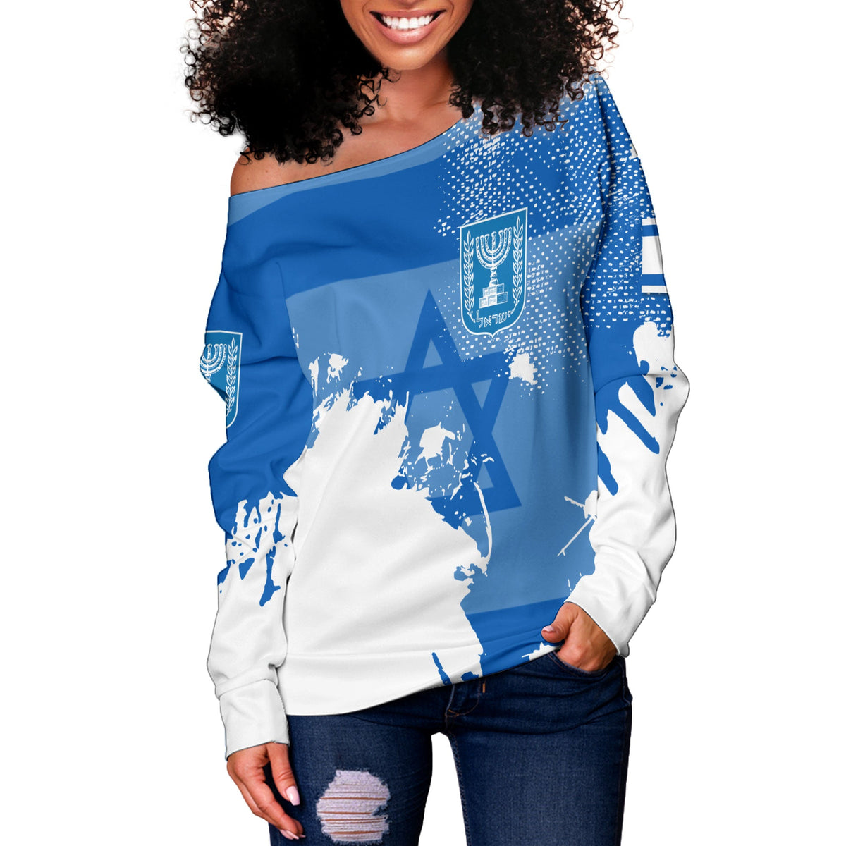 Israel Women Off Shoulder Sweatshirt Flag & Coat Of Arms Paint Style ...