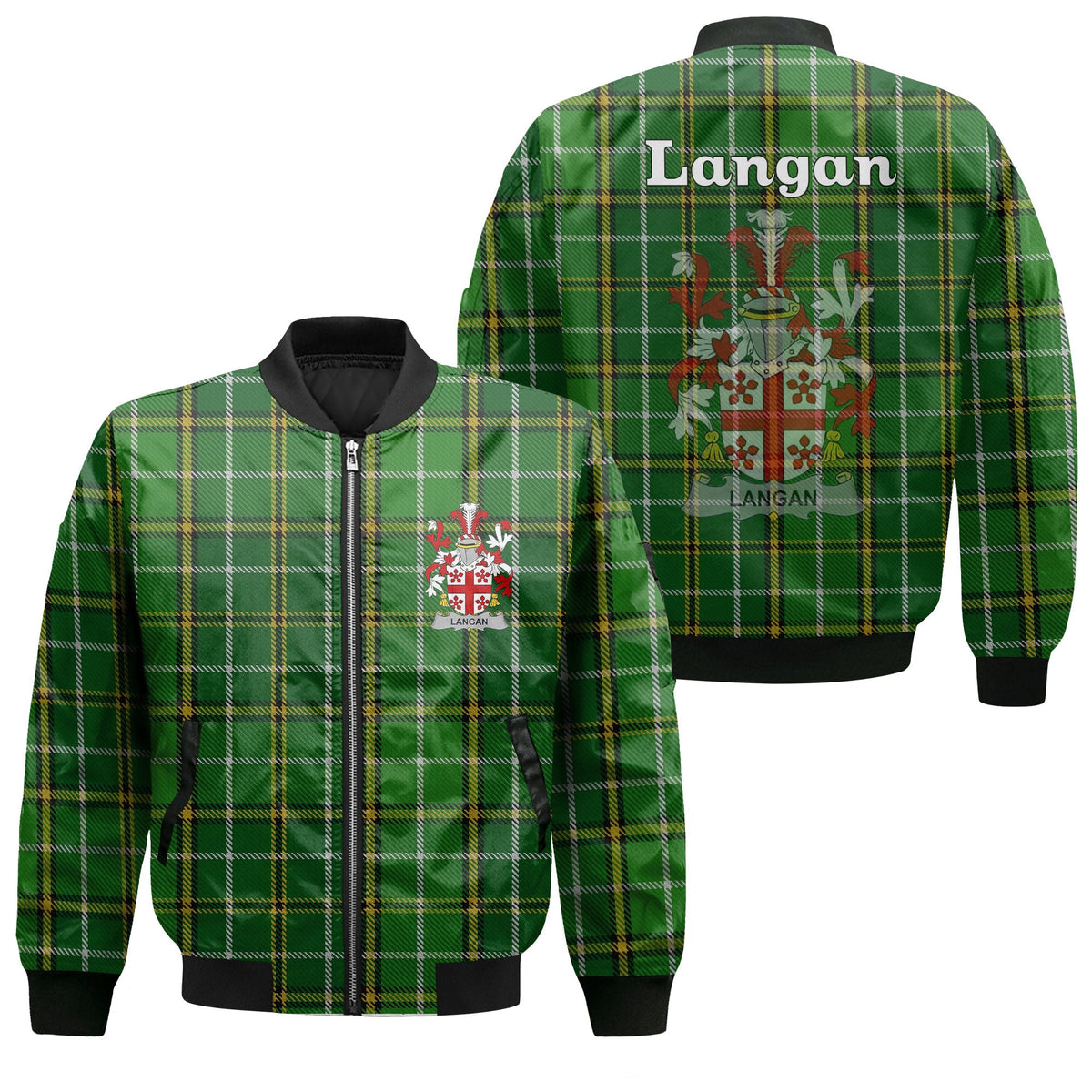 Langan or O'Longan Family Bomber Jacket Irish National Plaid & Crest S ...
