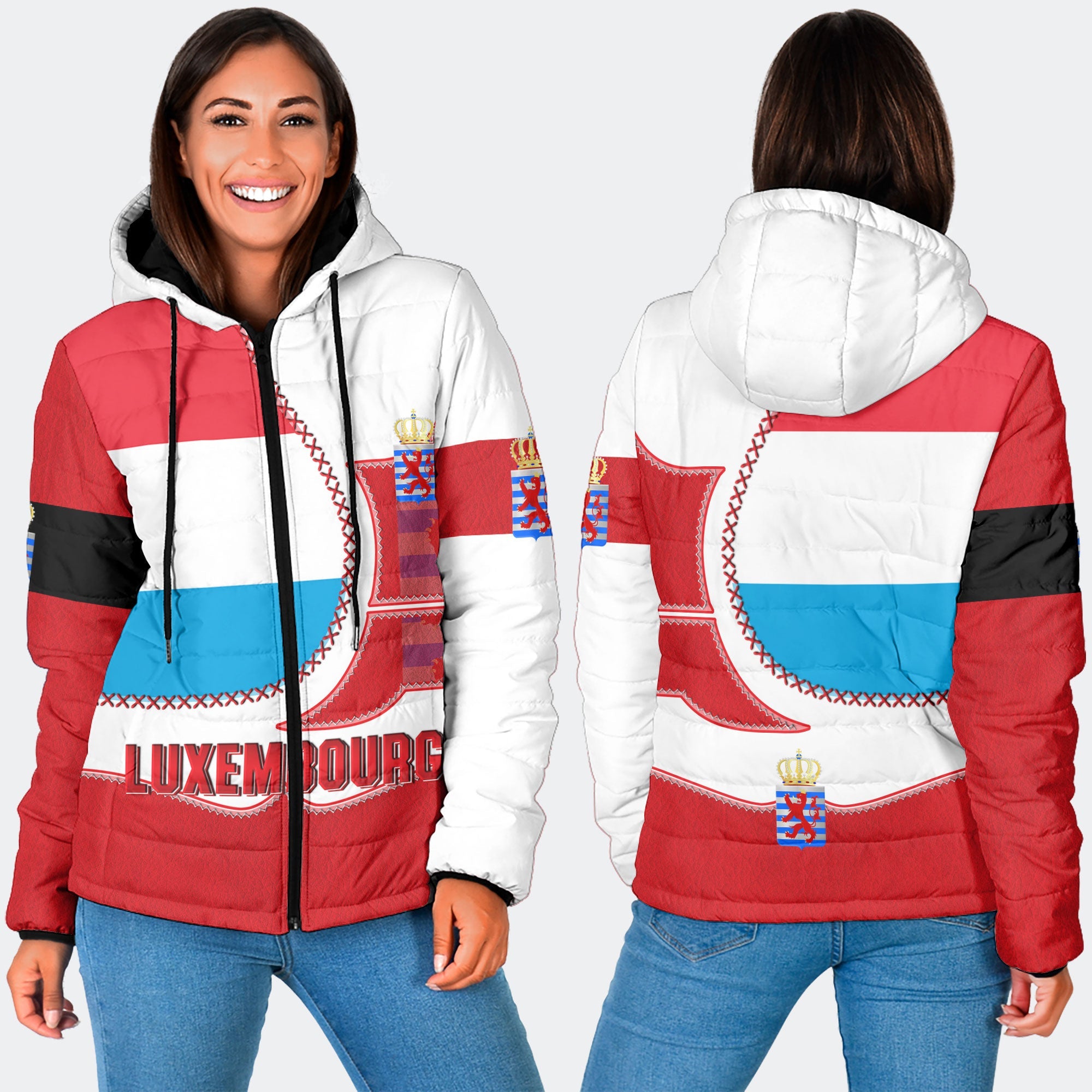 Luxembourg Women Hooded Padded Jacket Flag & Coat Of Arms Of The Provi ...
