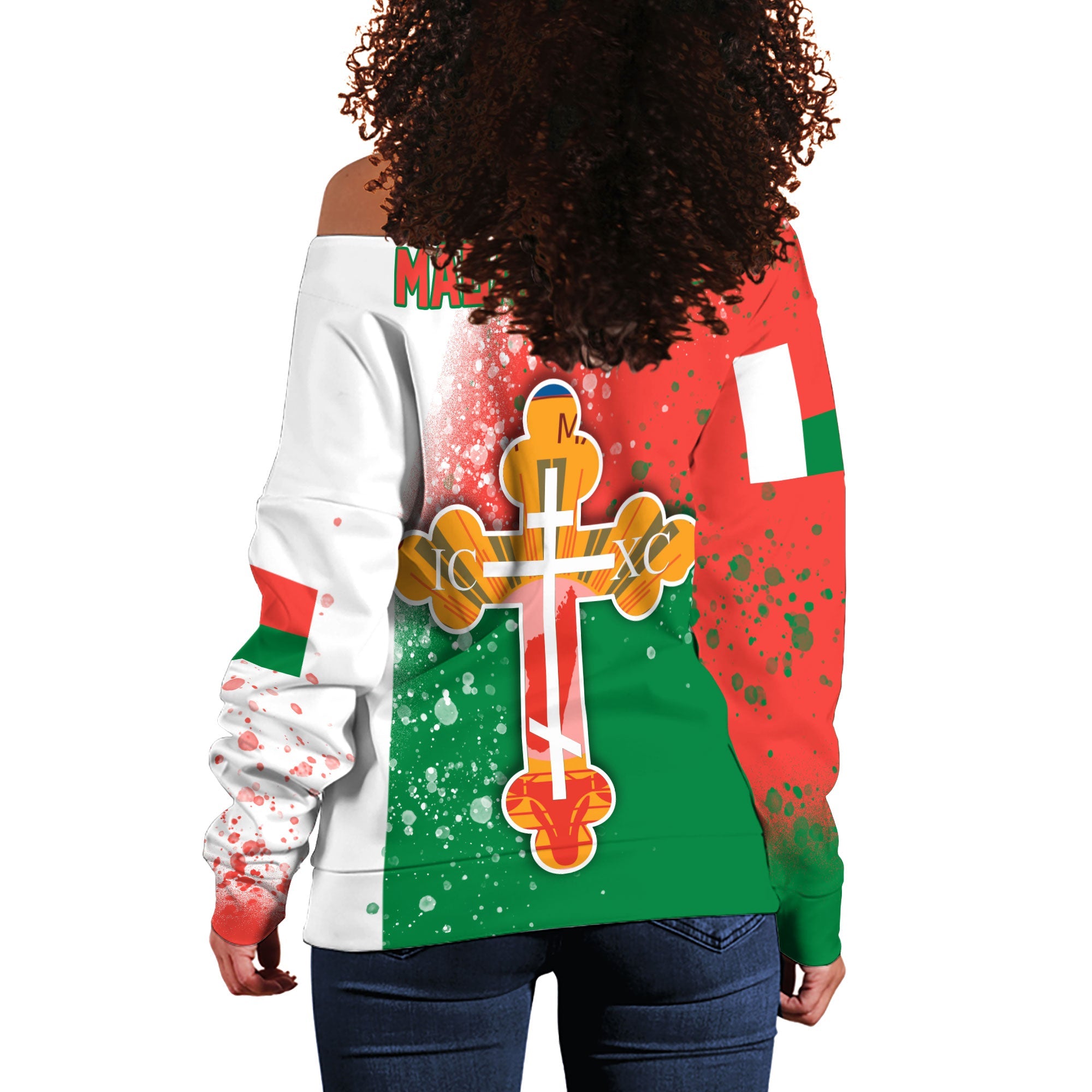 Madagascar Women Off Shoulder Sweatshirt Flag & Coat Of Arms Orthodox ...