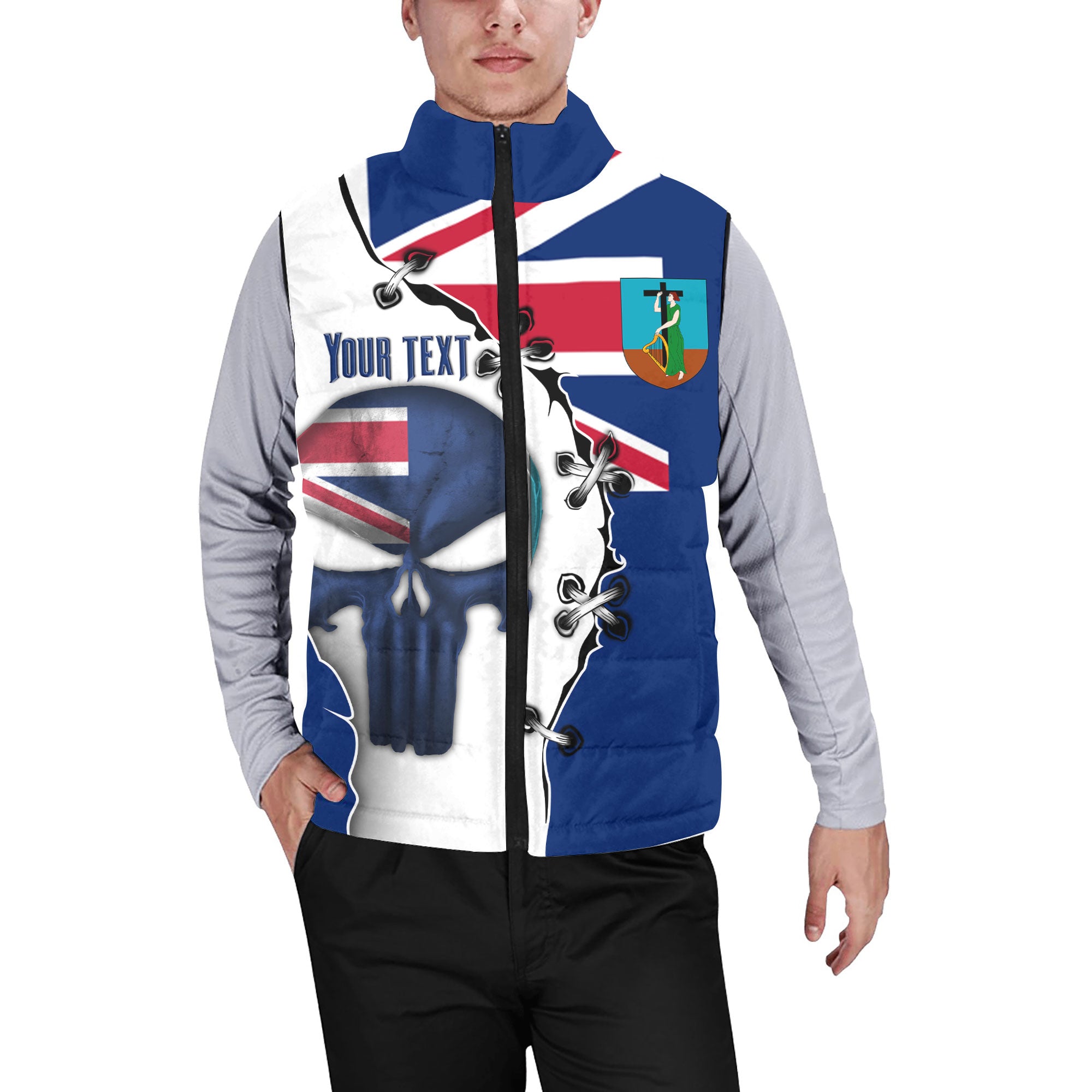 Montserrat Men Padded Jacket Vest Flag & Coat Of Arms Skull Style – To ...