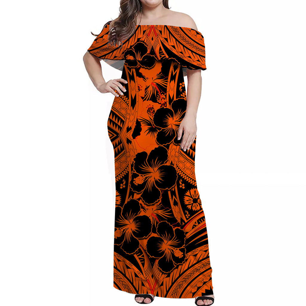 Hibiscus Off Shoulder Long Dress Fiji Patterns Orange LT6 – To The Closet