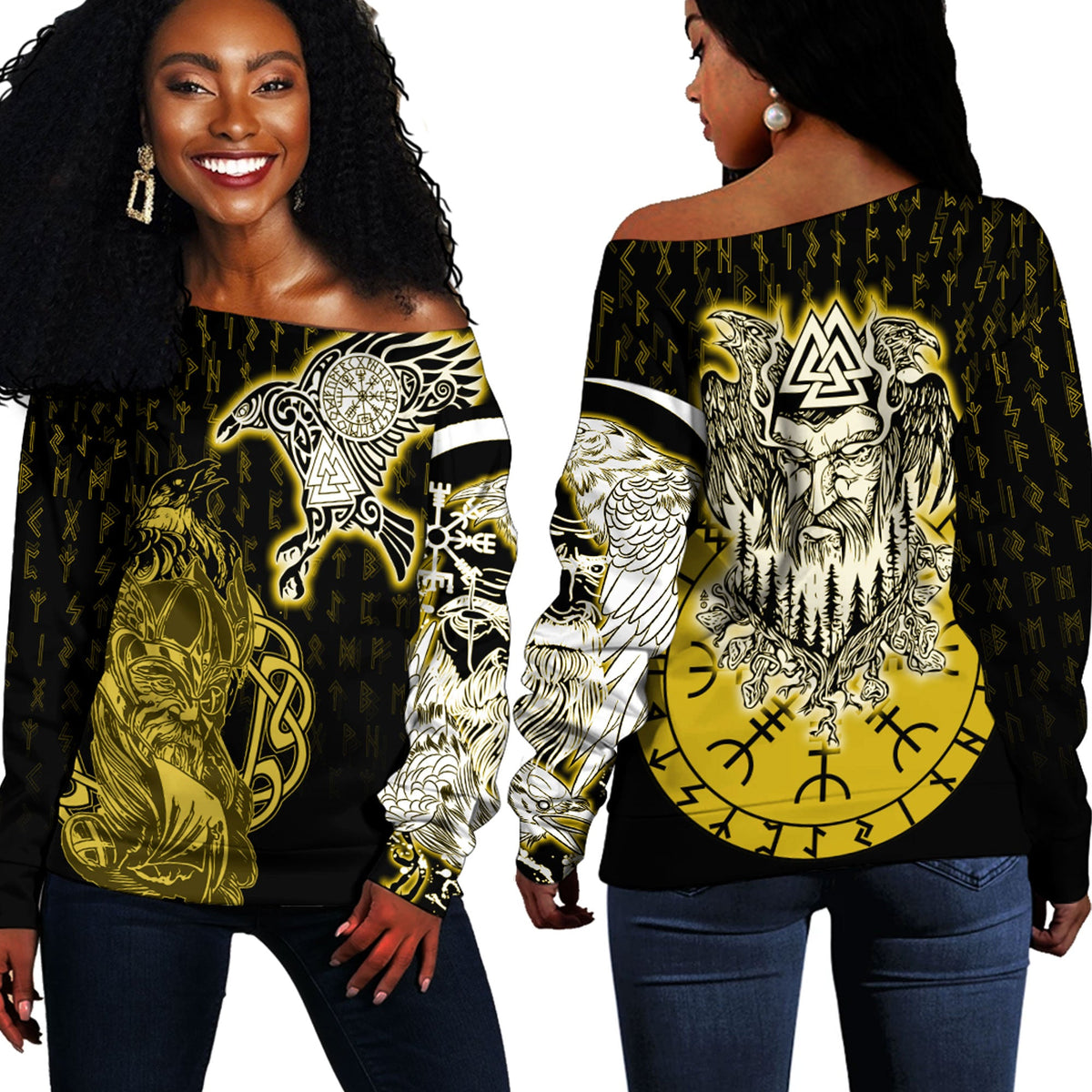 Viking Odin and Raven Viking Gold Off Shoulder Sweater – To The Closet