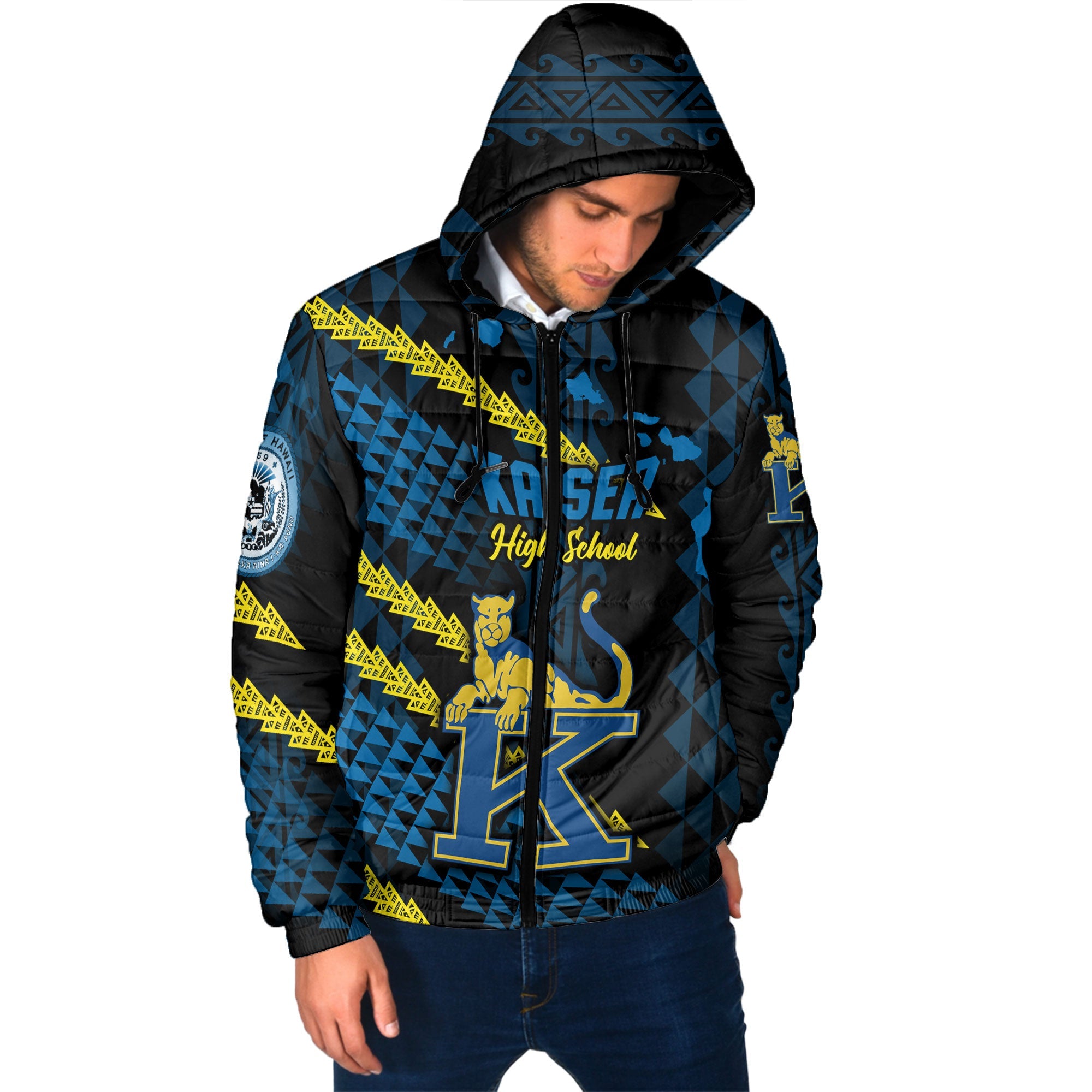 Hawaii Kaiser High School Custom Men Hooded Padded Jacket Map Style ...