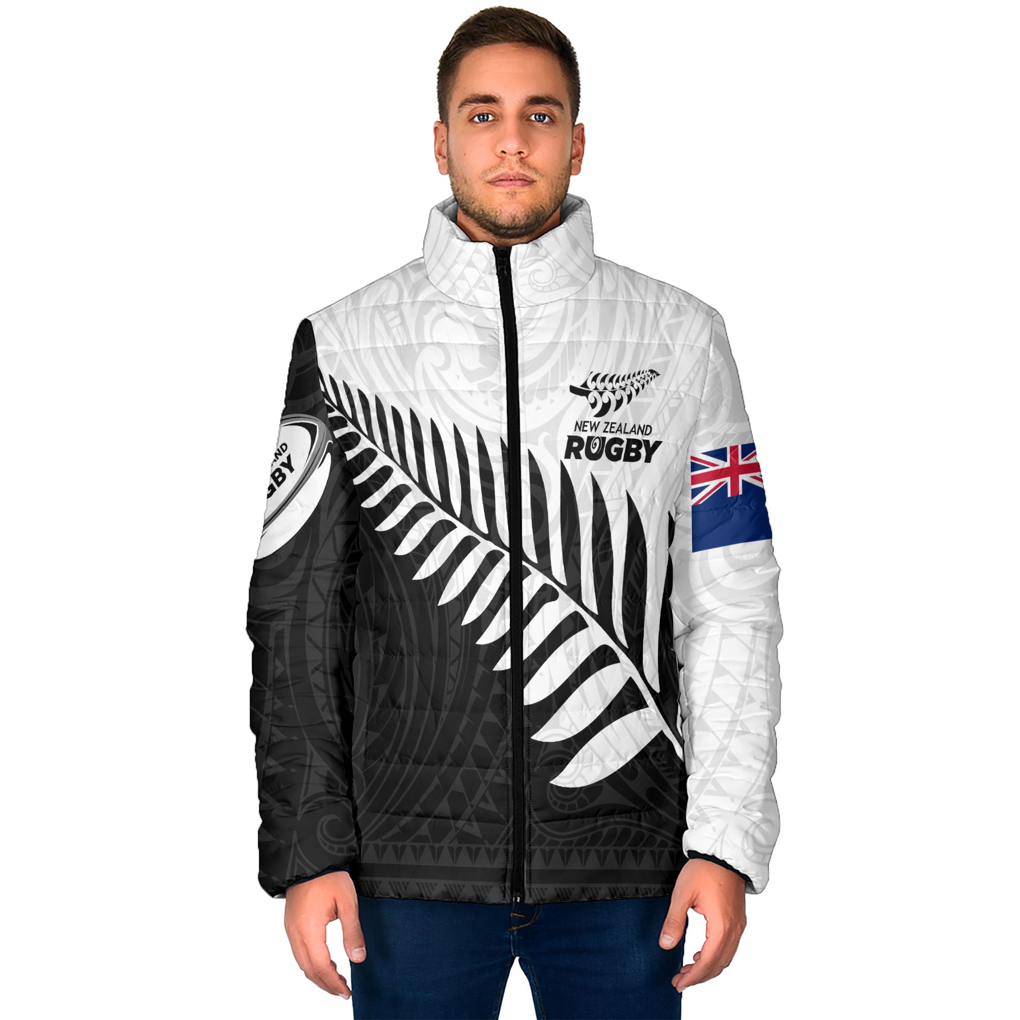 New Zealand Rugby Men Padded Jacket Silver Fern & Maori Patterns Style ...