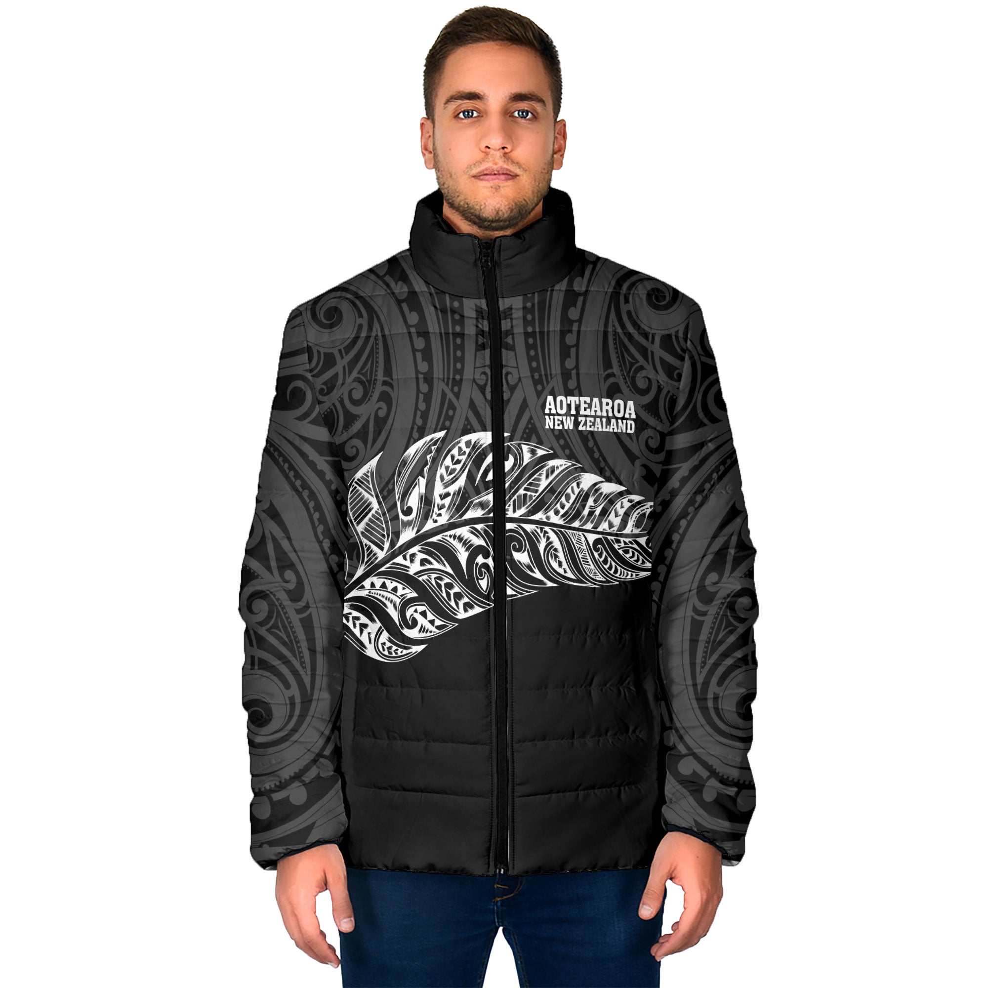 New Zealand Men Padded Jacket Aotearoa Polynesian Silver Fern & Maori ...
