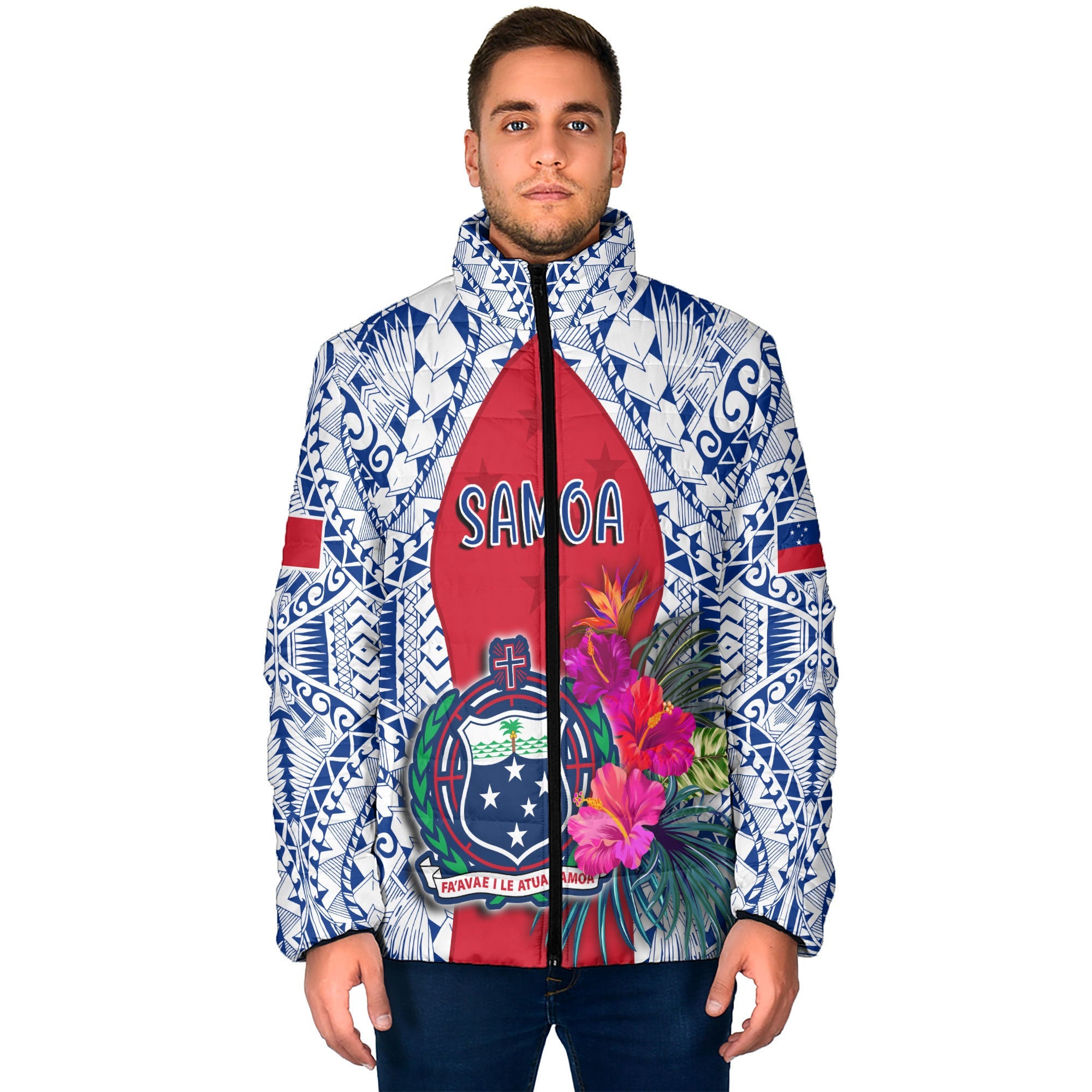 Custom Samoa Men Padded Jacket Polynesian Coat Of Arms mix Tropical Fl ...