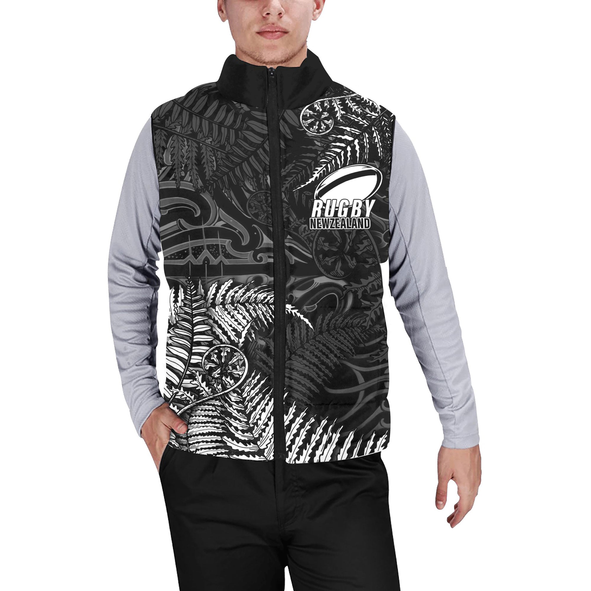 New Zealand Rugby Men Padded Jacket Vest Silver Fern Maori Patterns Bl ...