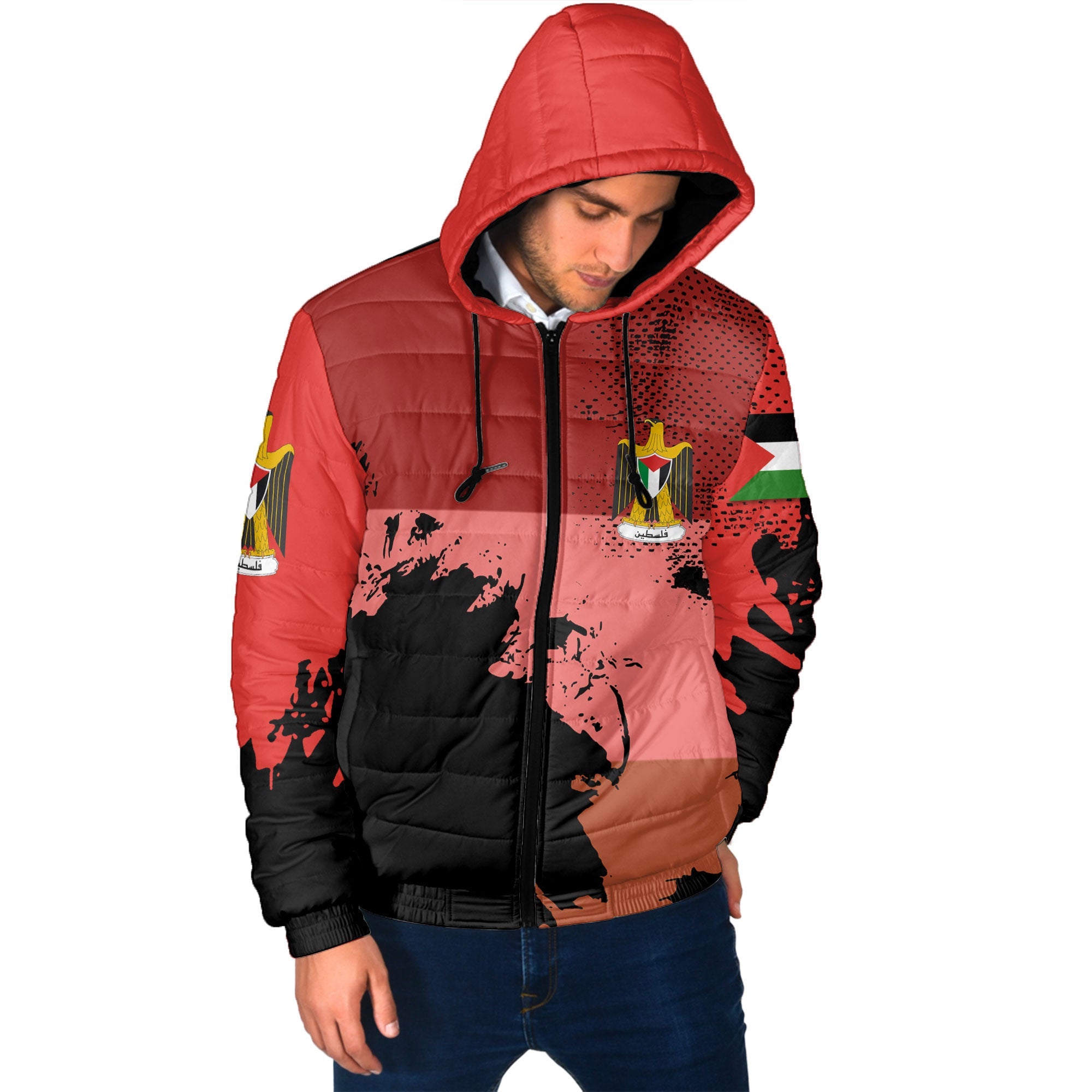 Palestine Men Hooded Padded Jacket Flag & Coat Of Arms Paint Style – To ...