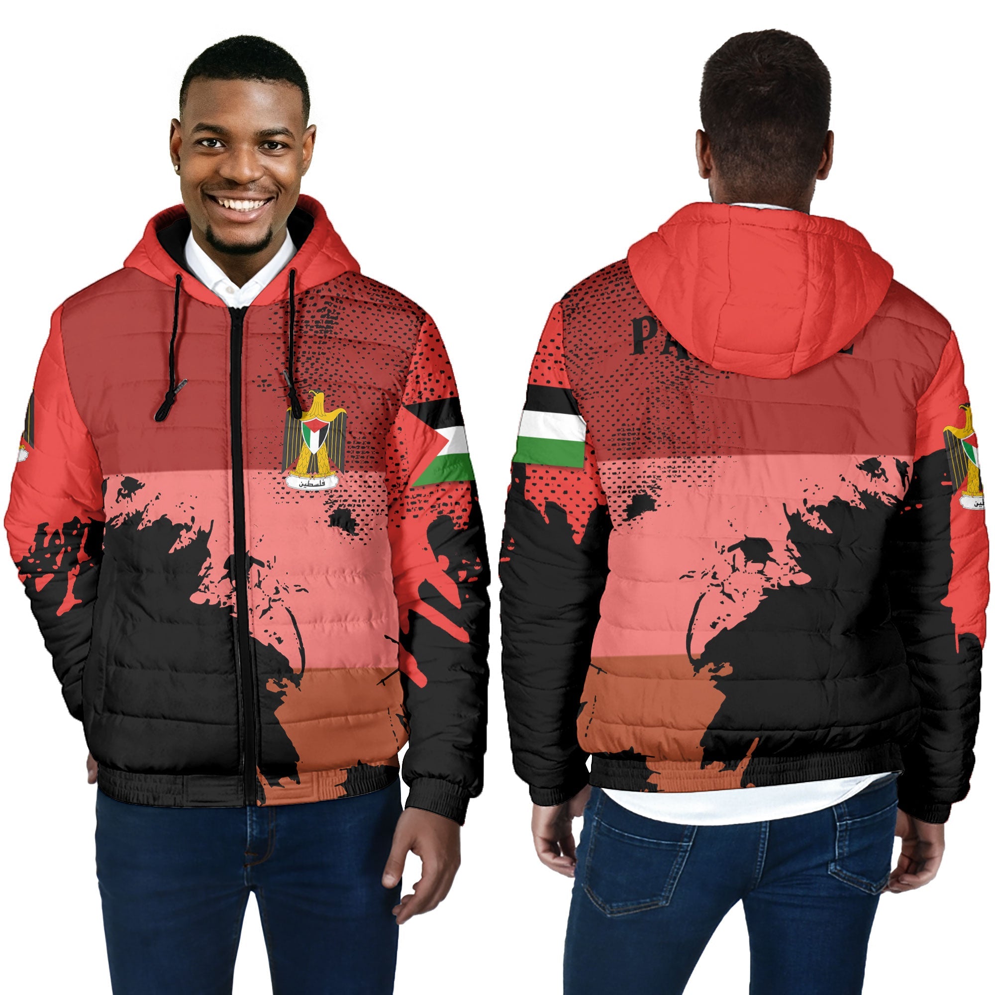 Palestine Men Hooded Padded Jacket Flag & Coat Of Arms Paint Style – To ...