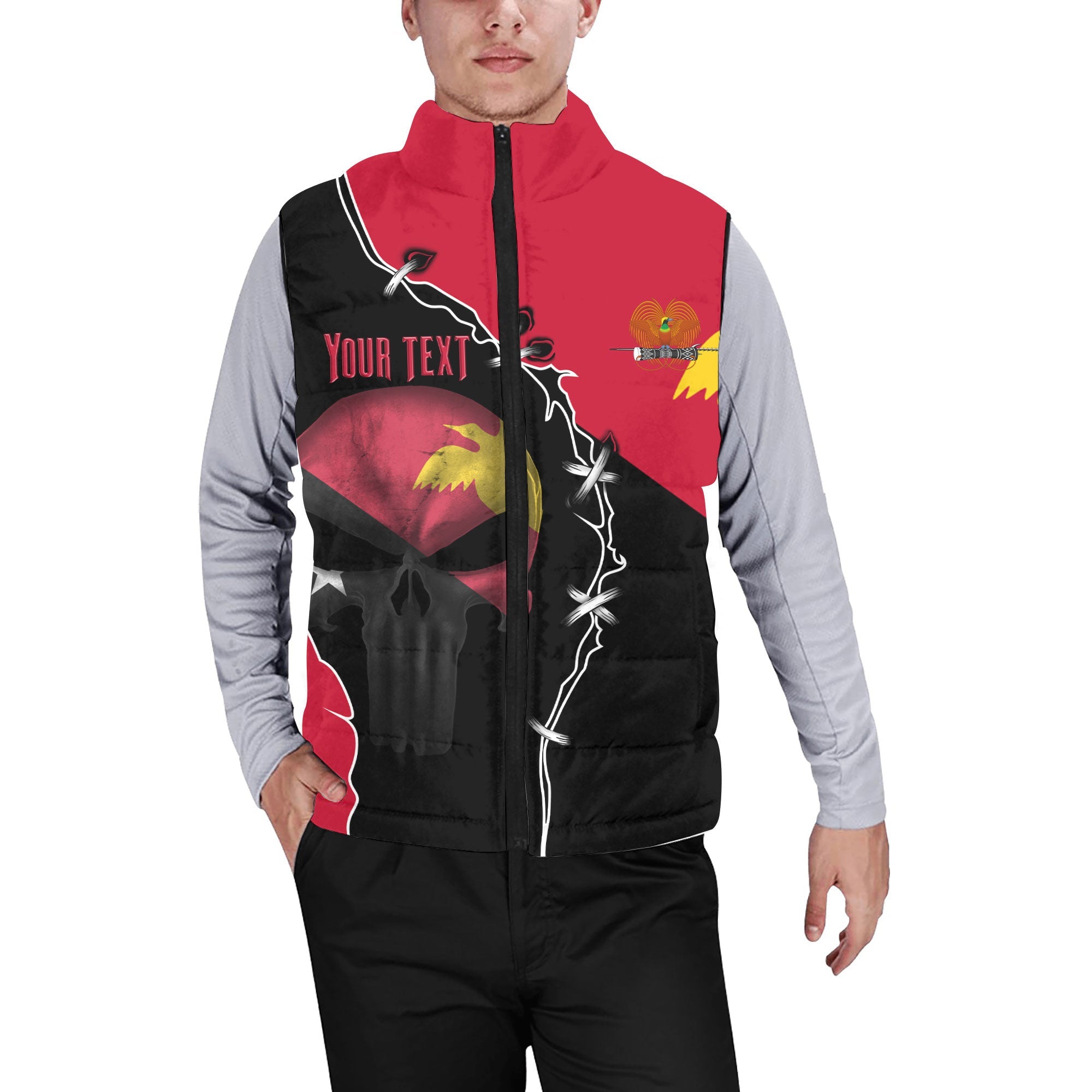 Papua New Guinea Men Padded Jacket Vest Flag & Coat Of Arms Skull Style ...
