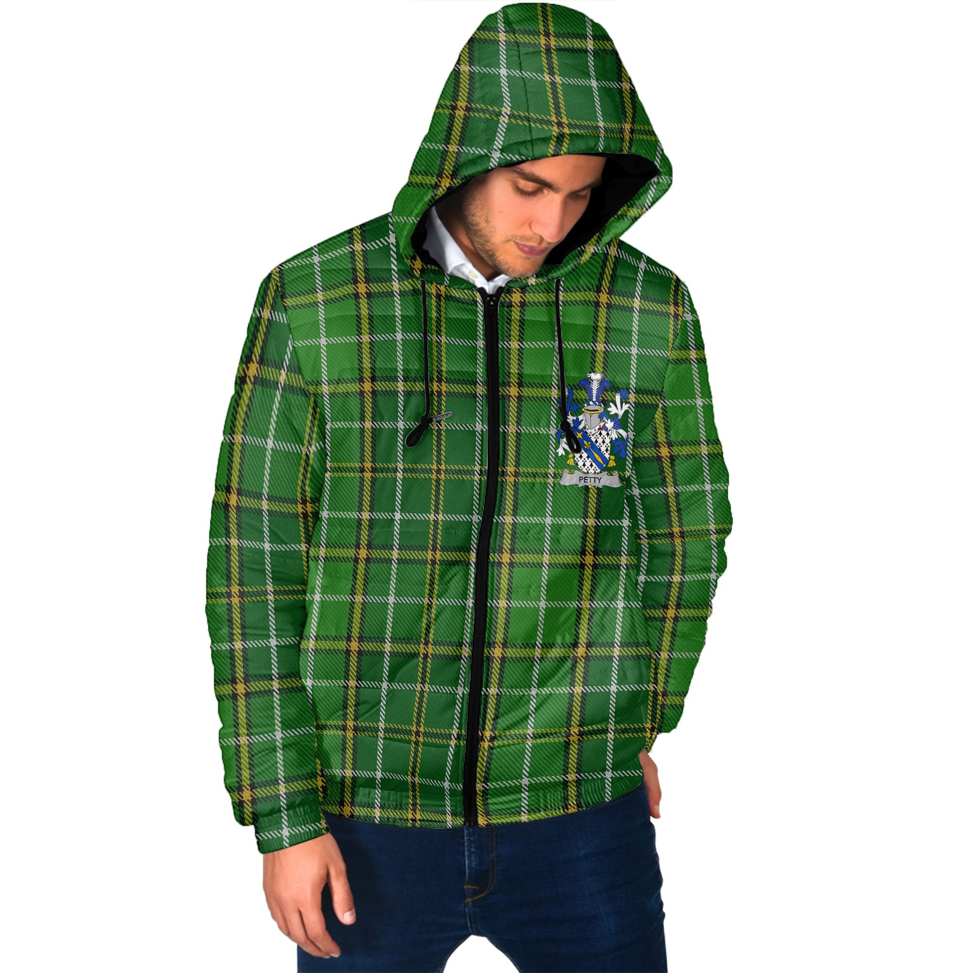 Petty Family Men Hooded Padded Jacket Irish National Plaid & Crest Sty ...