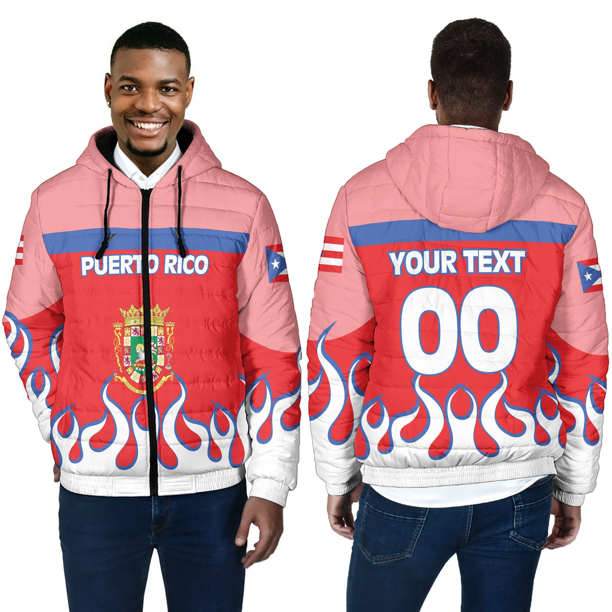 Puerto Rico Men Hooded Padded Jacket Flag & Coat Of Arms Fire Hockey S ...