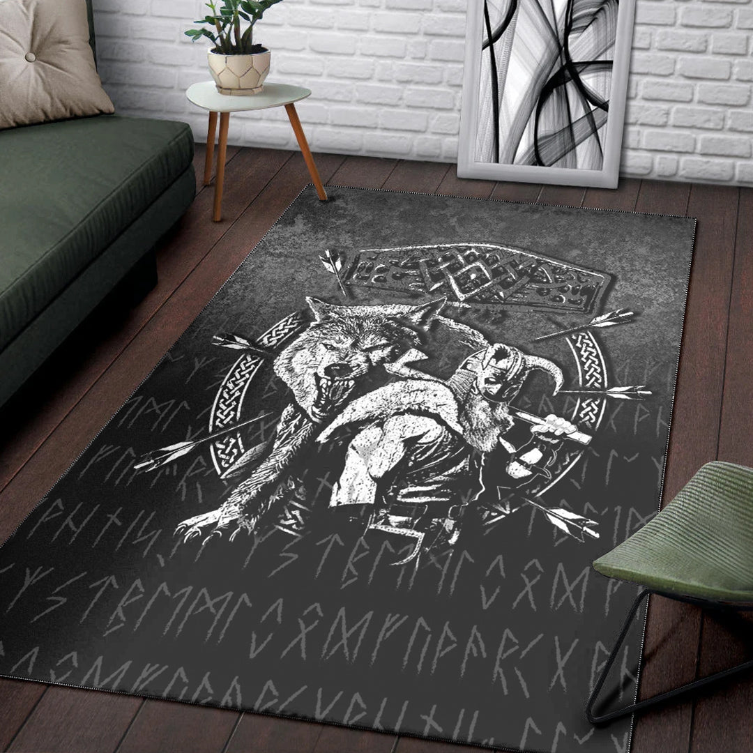 Viking Area Rug Fenrir Wolf Of Odin Norse Runes Thor Hammer Mjolnir ...