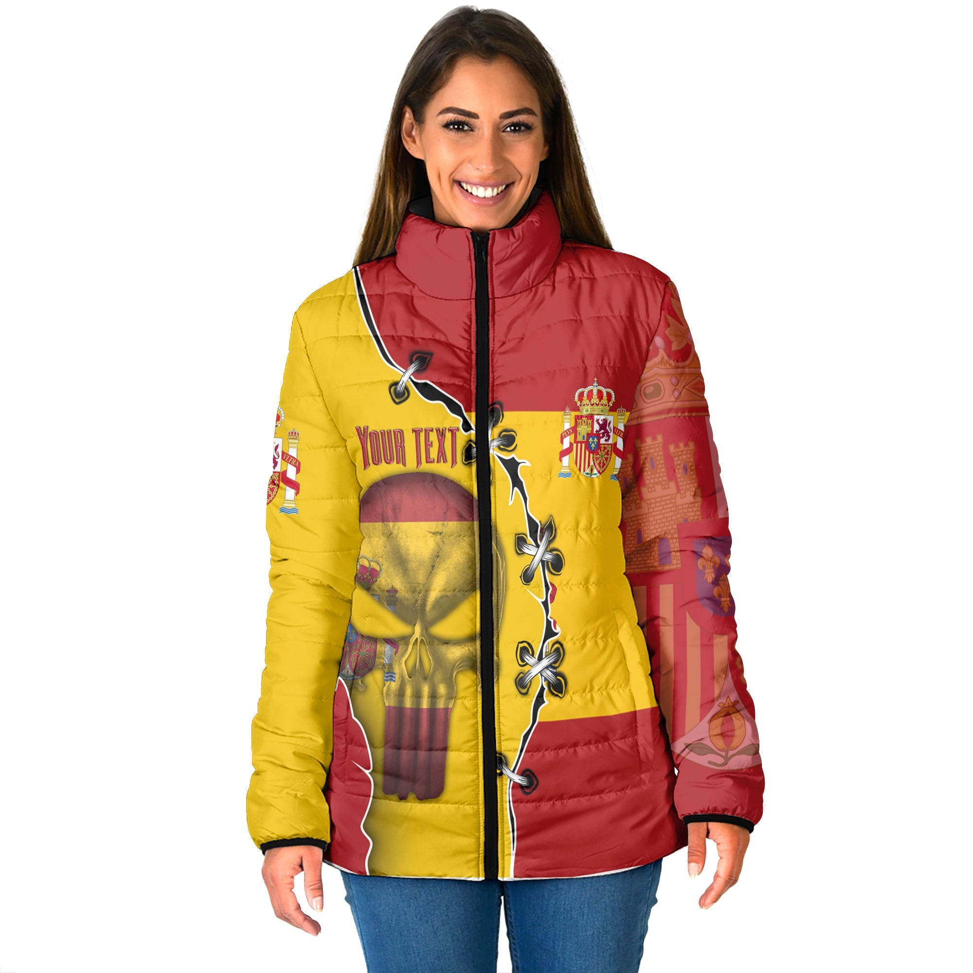 Spain Women Padded Jacket Flag & Coat Of Arms Ver02 Skull Style – To ...