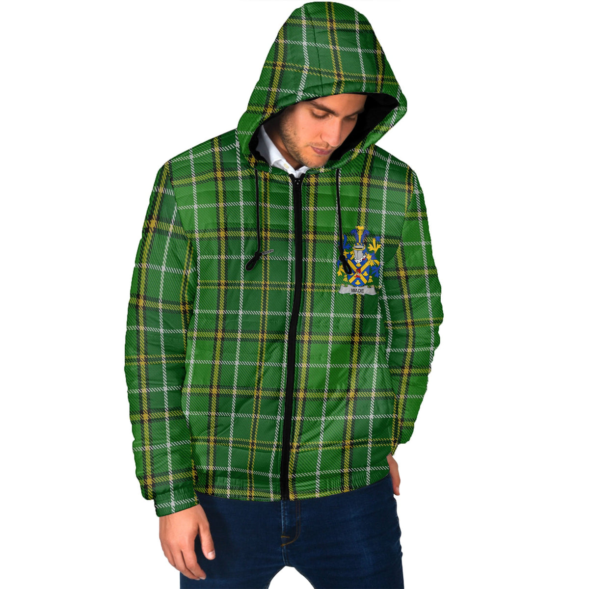 Wade Family Men Hooded Padded Jacket Irish National Plaid & Crest Styl ...