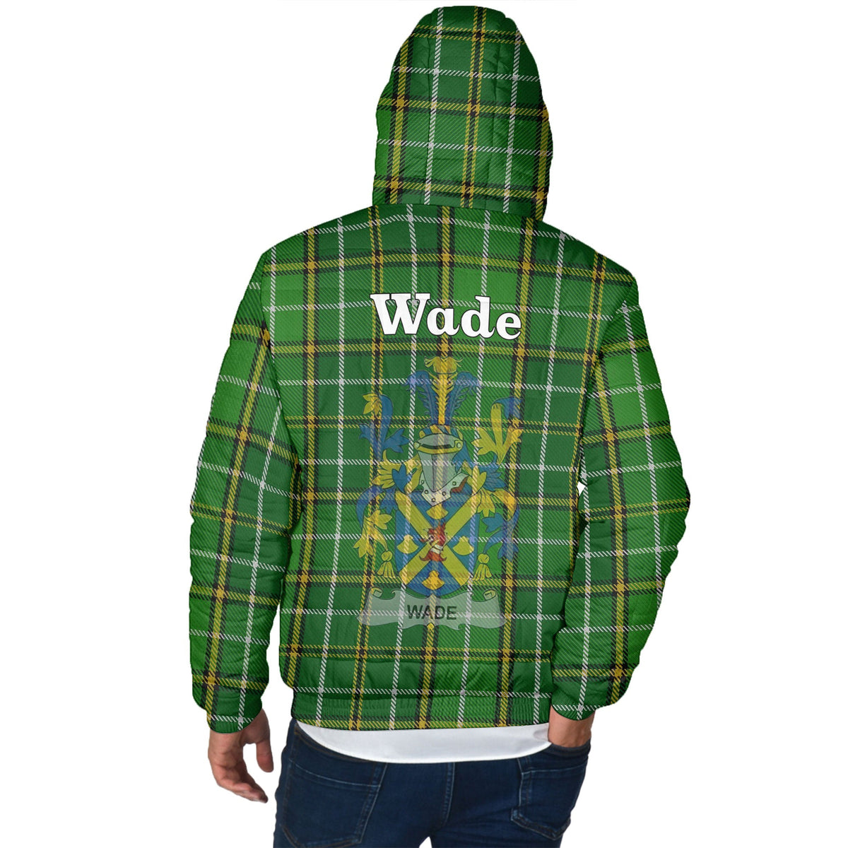Wade Family Men Hooded Padded Jacket Irish National Plaid & Crest Styl ...