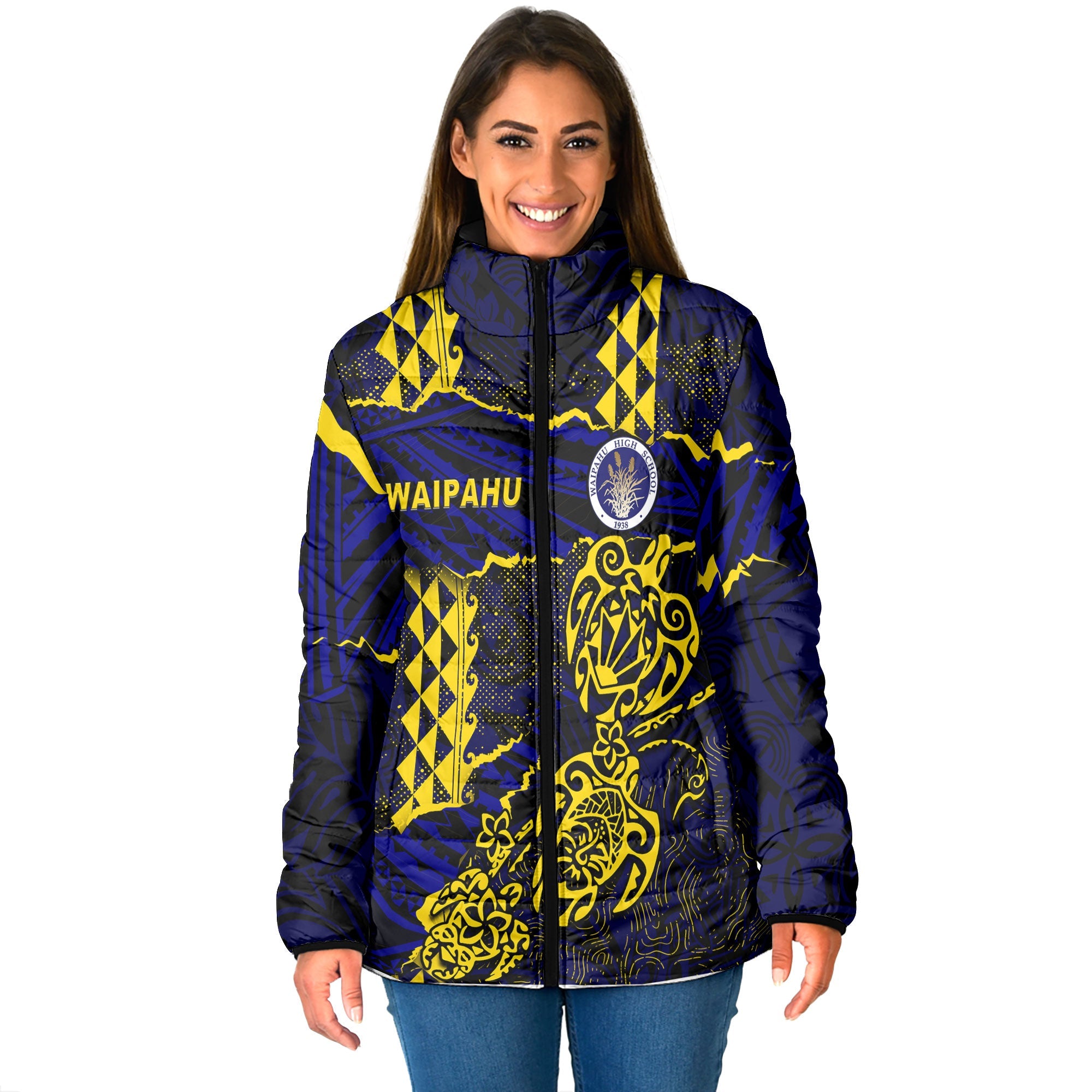 Hawaii Waipahu High School Custom Women Padded Jacket Polynesian Turtl ...